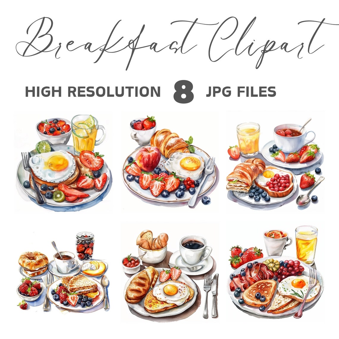 8 Breakfast Watercolor Clipart, Commercial Use, Digital Image, Food ...