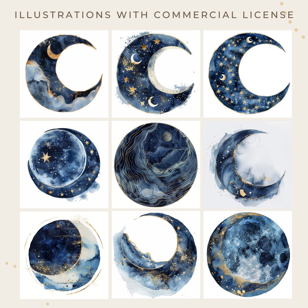 10 Celestial Moon Phases Clipart, Mystical Digital Watercolor Prints ...