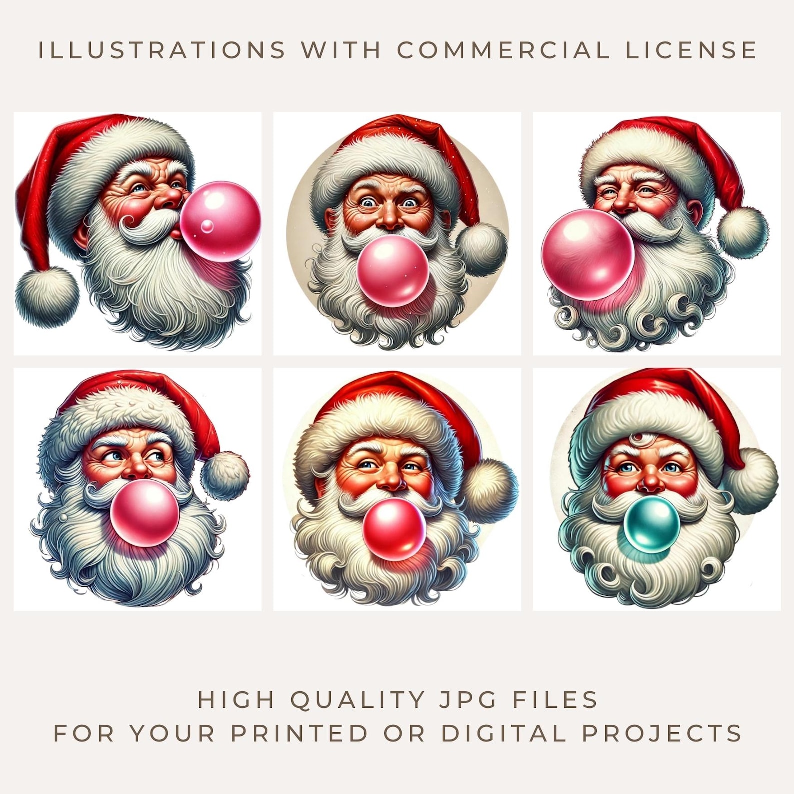 Retro Christmas Santa Face Blowing Bubble Gum Clipart Funny Vintage ...