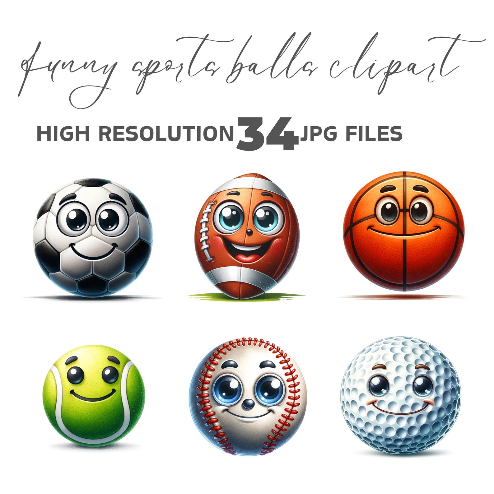 Funny Sports Balls Clipart Set, Digital Art Prints for DIY Projects ...