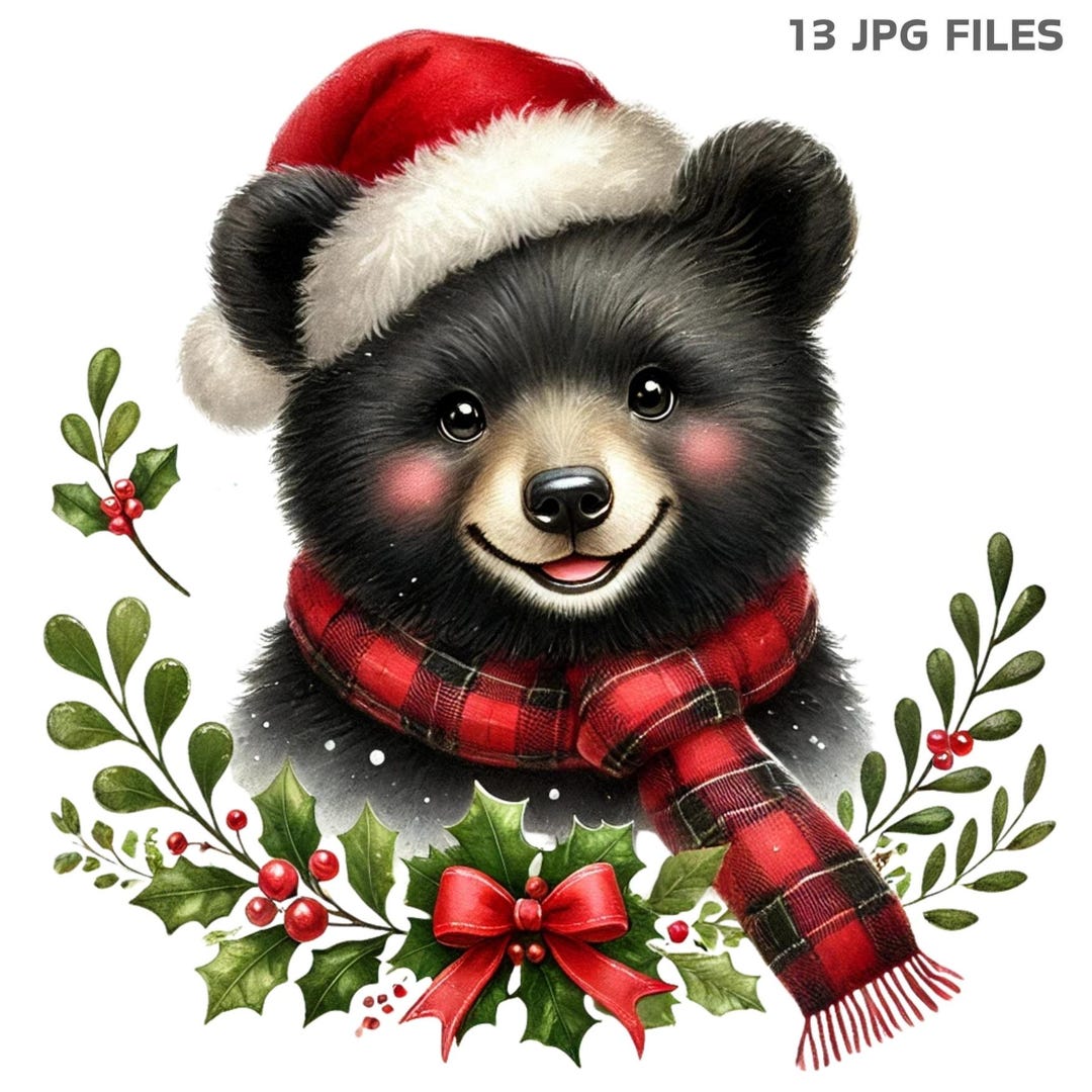 Christmas Black Bear Clipart, Watercolor Digital Art for Scrapbooking ...