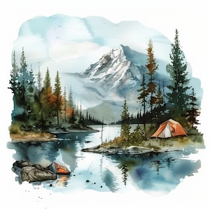 Glamping and Camping Clip Art Set, Watercolor Nature and Campfire ...