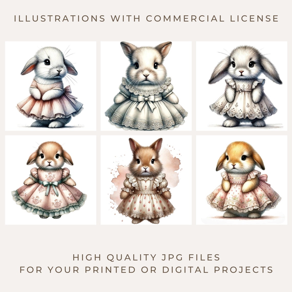 Cute Bunny in a Dress, Vintage Watercolor Bunny Clipart Bundle ...