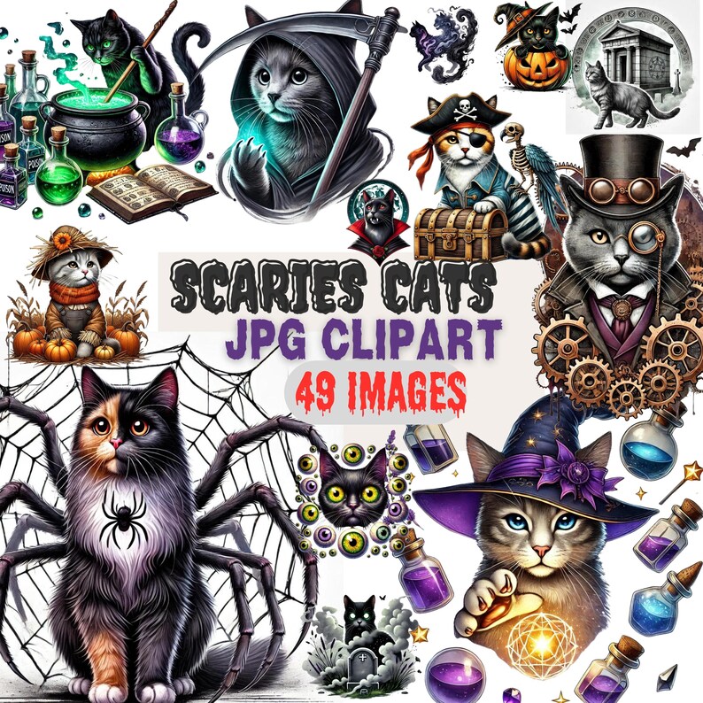 Spooky Cats Clipart Bundle, Instant Download Halloween Design, Creepy ...