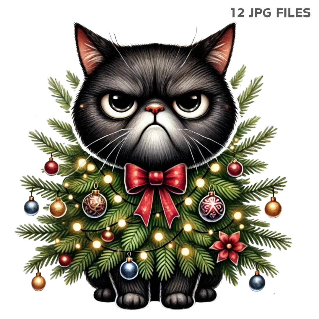 Grumpy Black Cat Christmas Clipart, Funny Design, Digital Download ...