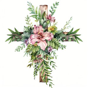 12 Easter Floral Clipart Set Watercolor Cross With Flowers Digital ...