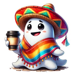 Funny Mexican Ghost With Coffee Cup Clipart, Cute Spanglish Ghost ...