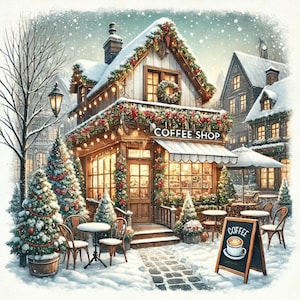 Christmas Outdoor Coffee Shop Clipart, Watercolor Winter Cafe ...