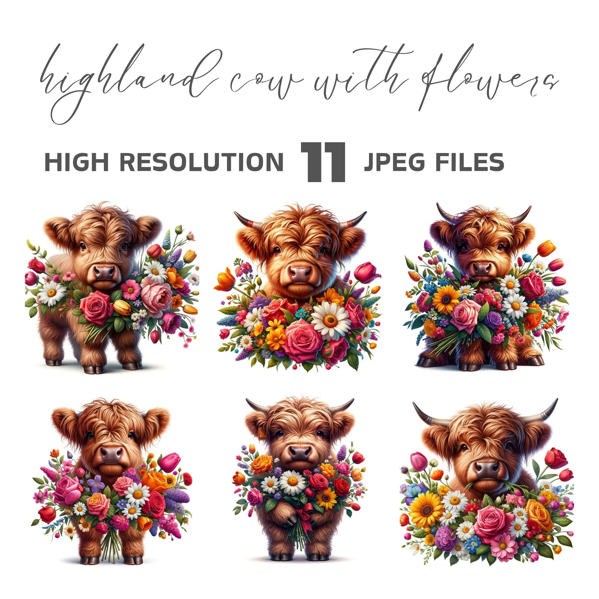 11 Highland Cow With Flowers, Farm Images Instant Download for Junk ...