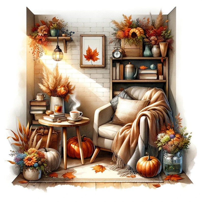 Autumn Cozy Corner Clipart Digital Art Print Watercolor Clipart Bundle ...
