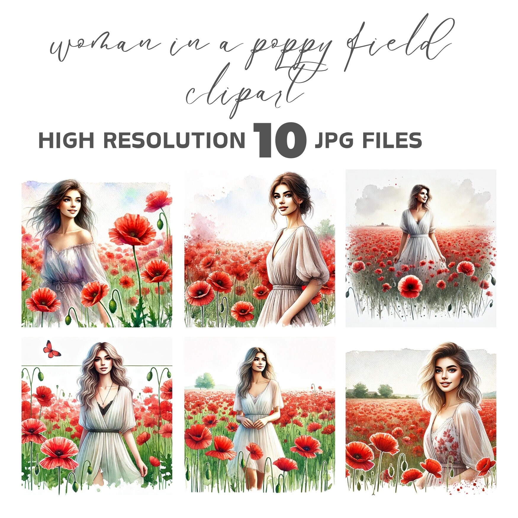 Woman in a Poppy Field, Scrapbook JPG Files Bundle,vintage Inspired ...