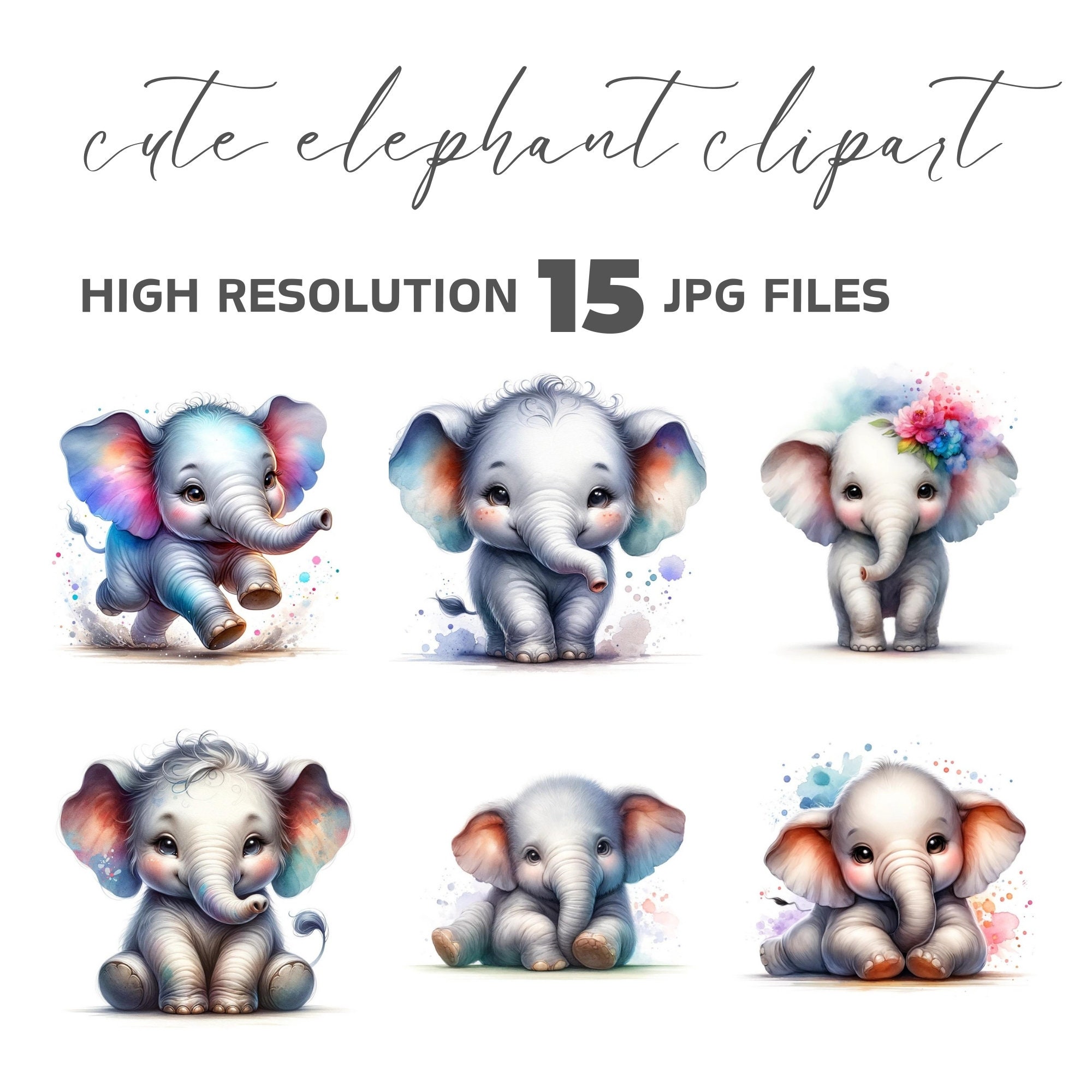 Watercolor Elephant Clipart Bundle, Instant Download for Cute Nursery ...