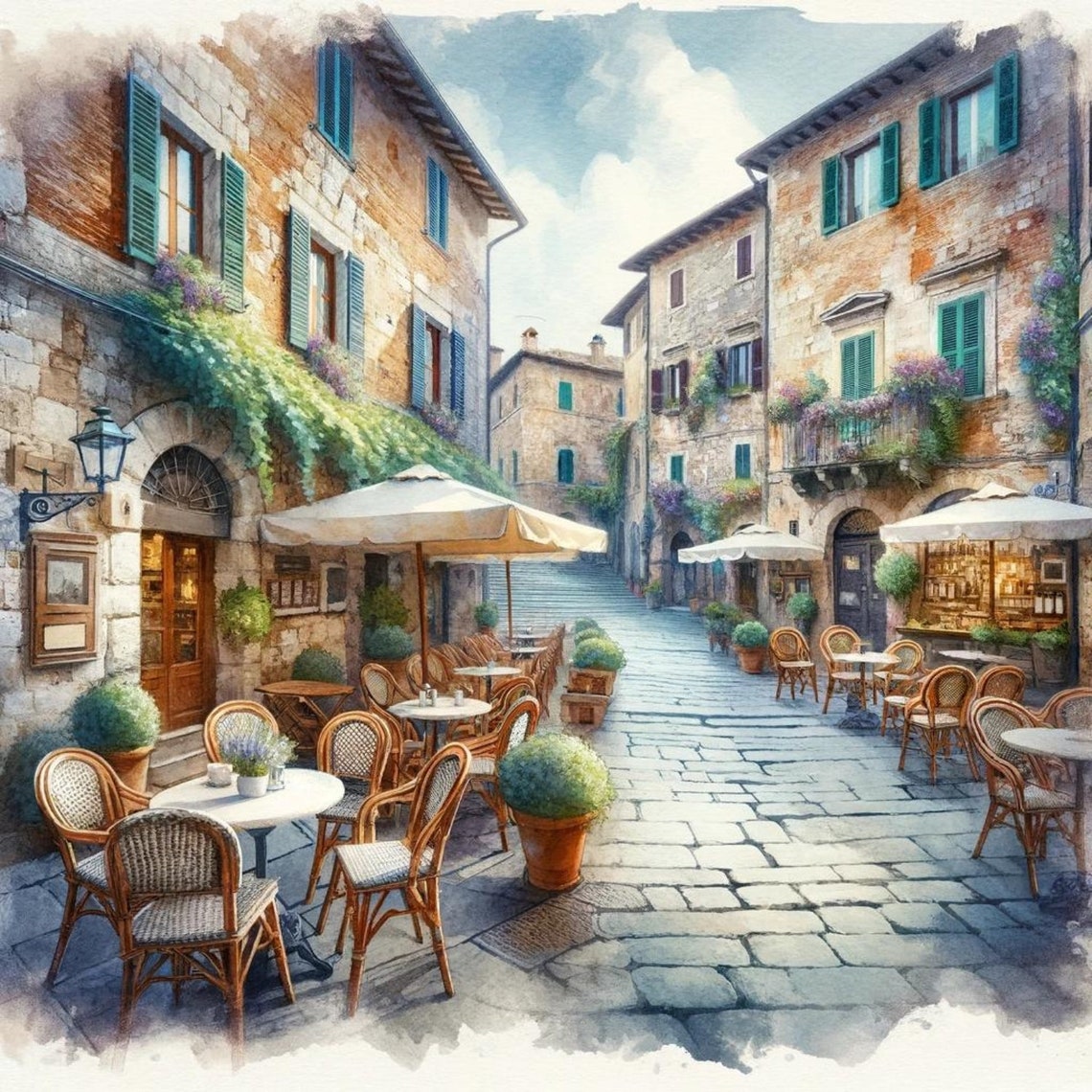 11 Watercolor Cityscape & Cafe in Europe Street JPG Files for ...