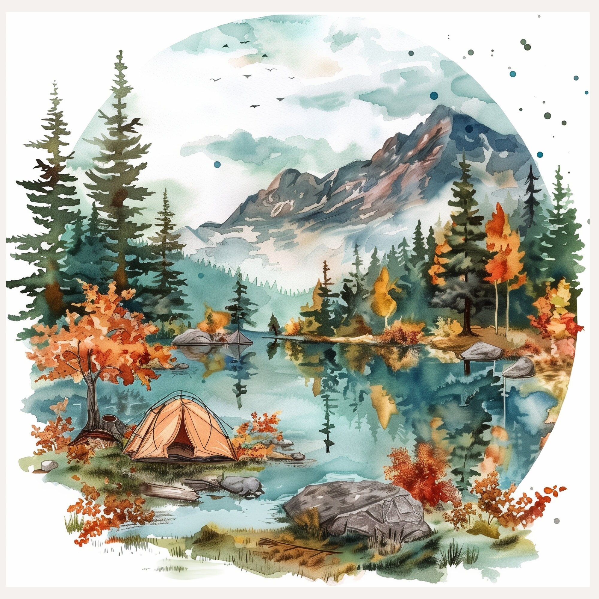 Glamping and Camping Clip Art Set, Watercolor Nature and Campfire ...