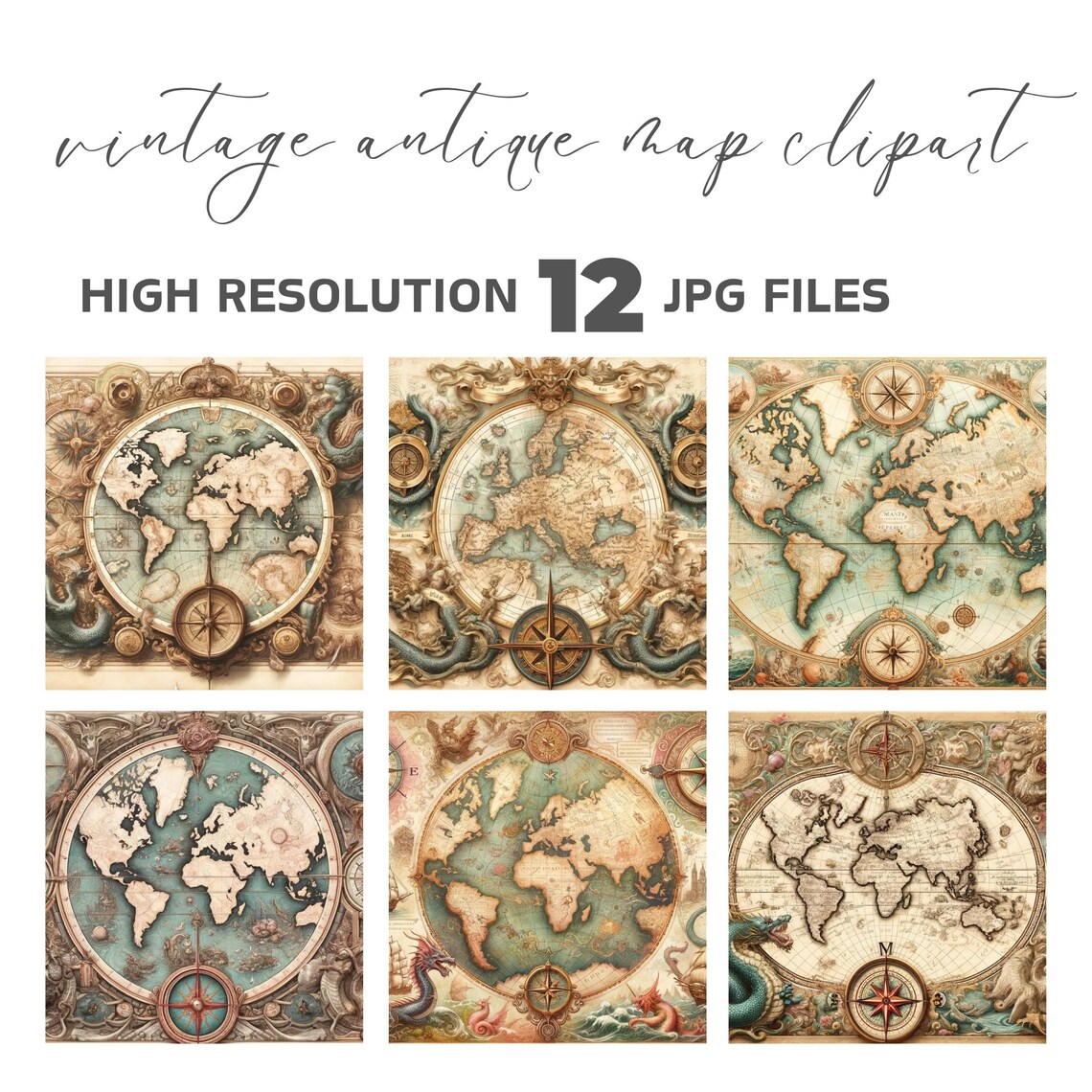 Vintage World Map Clipart Collection for Scrapbooking, Paper Crafting ...