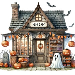 Halloween Shop Clipart, Watercolor Magic Storefront Designs ...