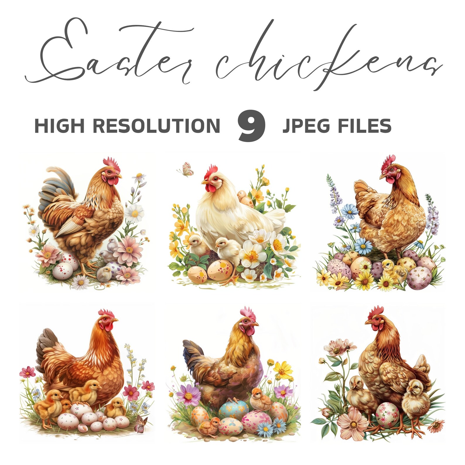 9 Chickens With Chicks Flowers & Eggs Instant Download for Junk ...