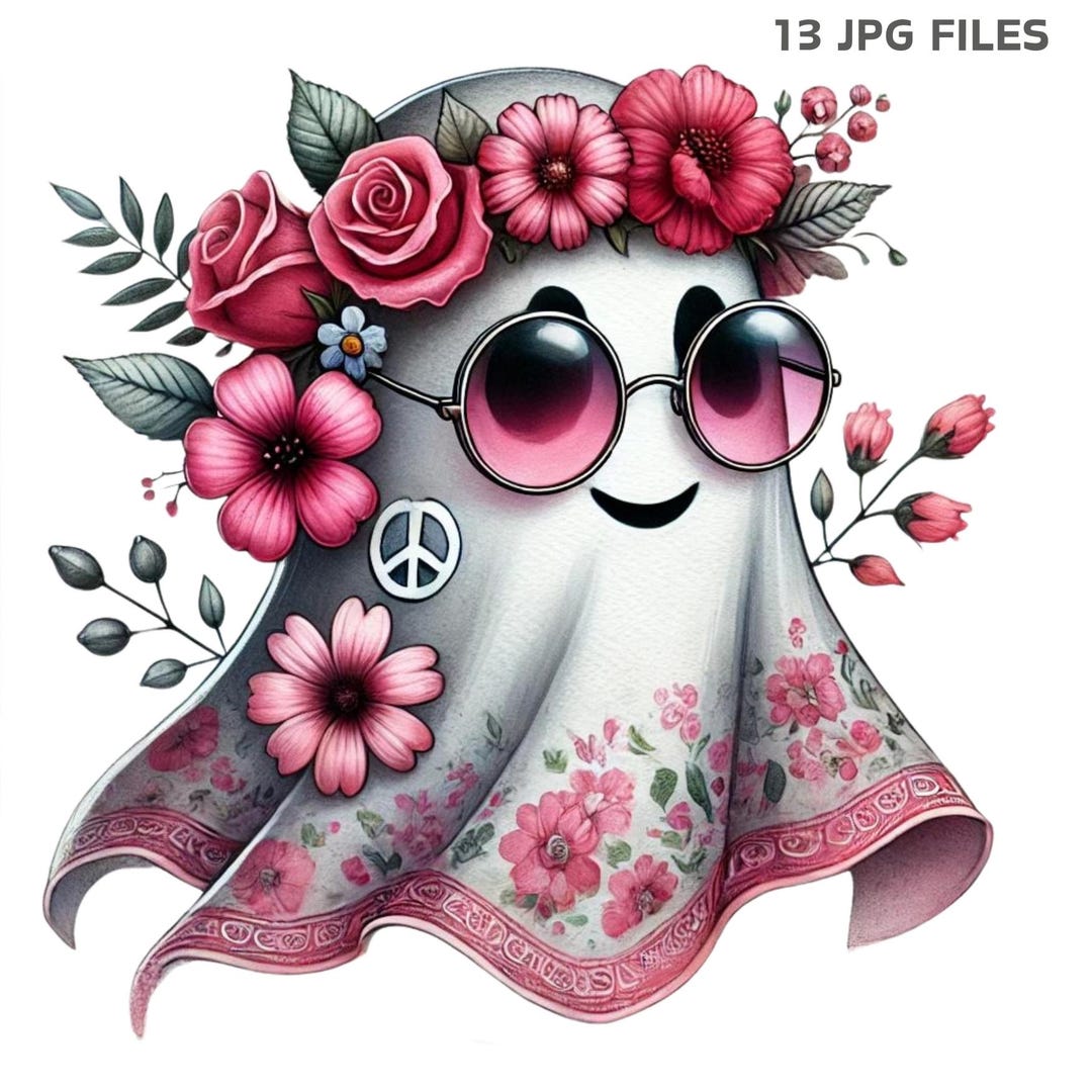 Hippie Ghost & Pink Flowers, JPG Watercolor Clipart for Digital ...