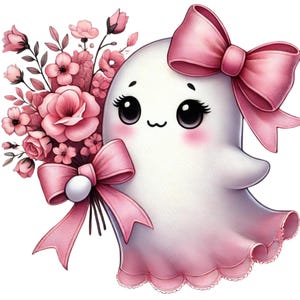 Pink Girly Ghost With Flowers Clipart, Cute Floral Ghosts, Coquette ...