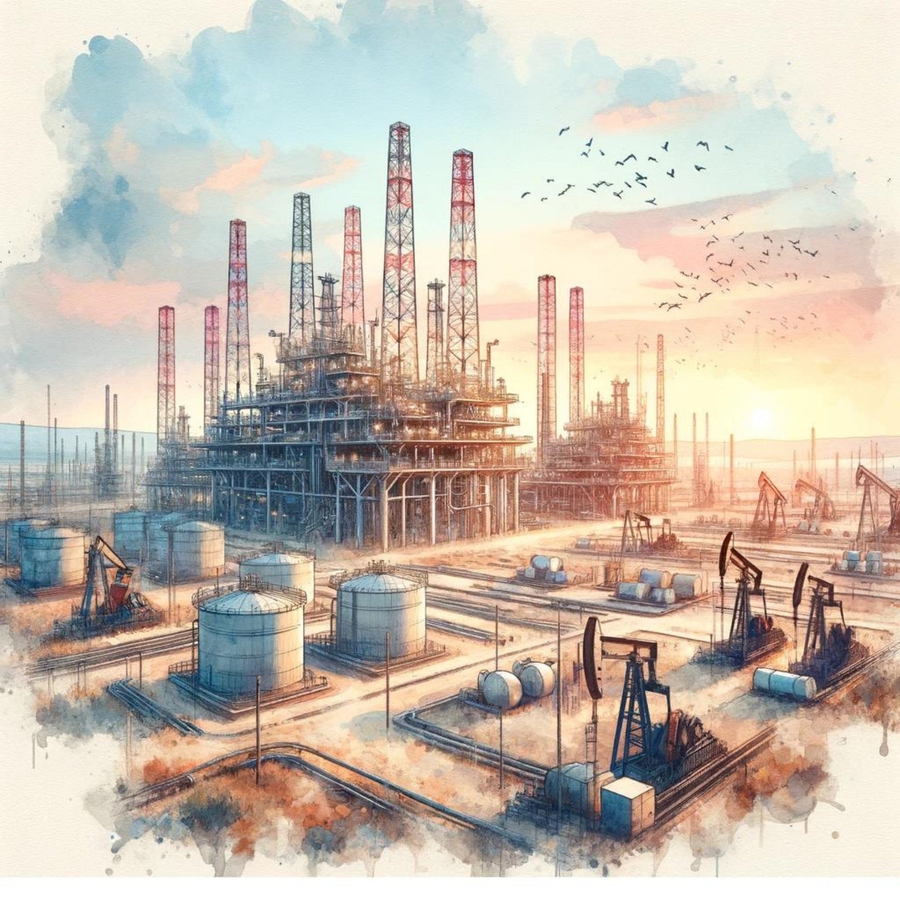 Watercolor Oilfield Landscape, Printable Artwork, Digital File, Oil Rig ...