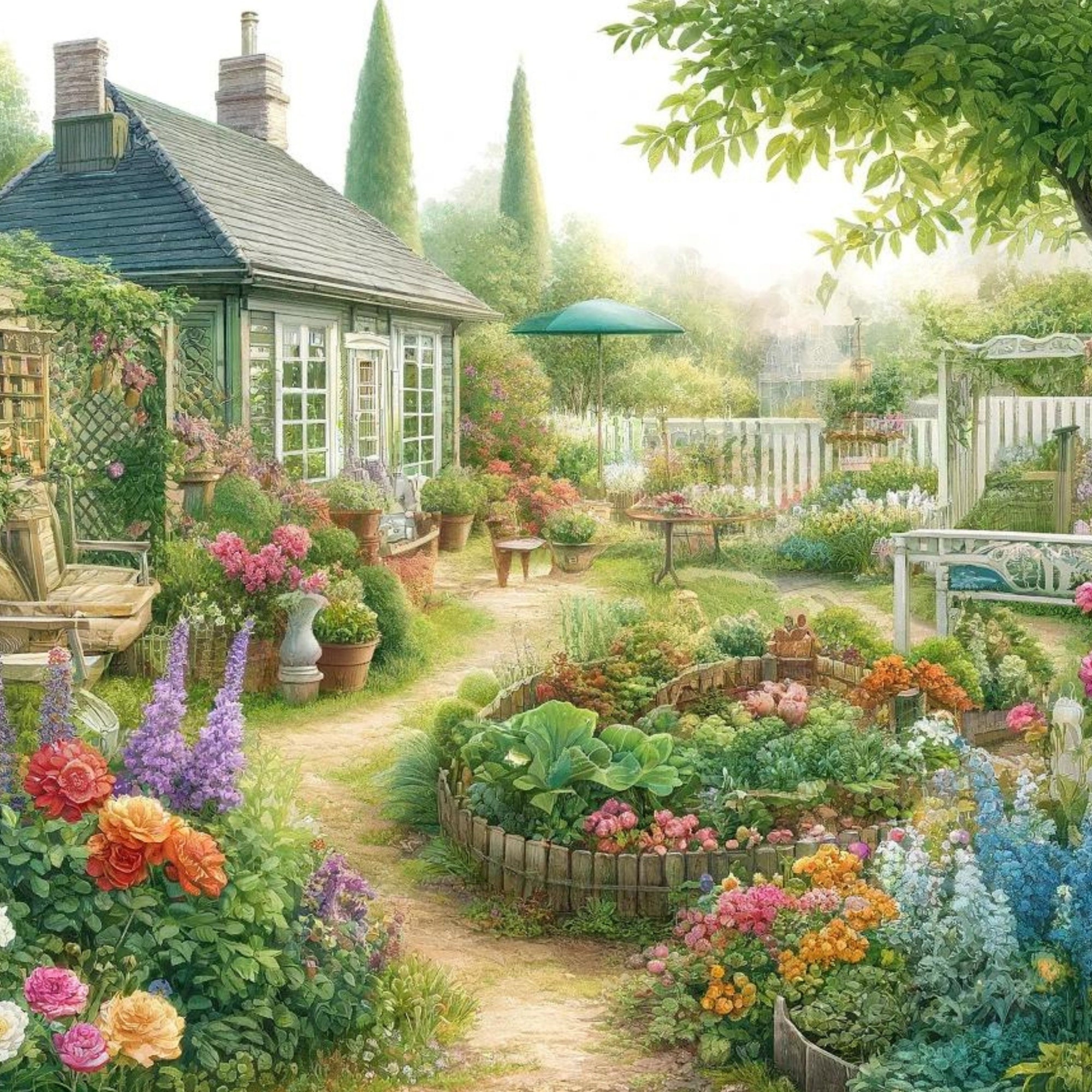 Grandmother's Garden Landscape Clipart Set, Country Digital Paper ...