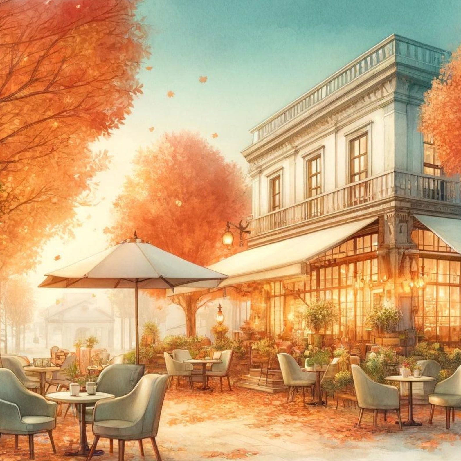 Autumn Cafe Watercolor Landscape Clipart Set, Digital Download for ...