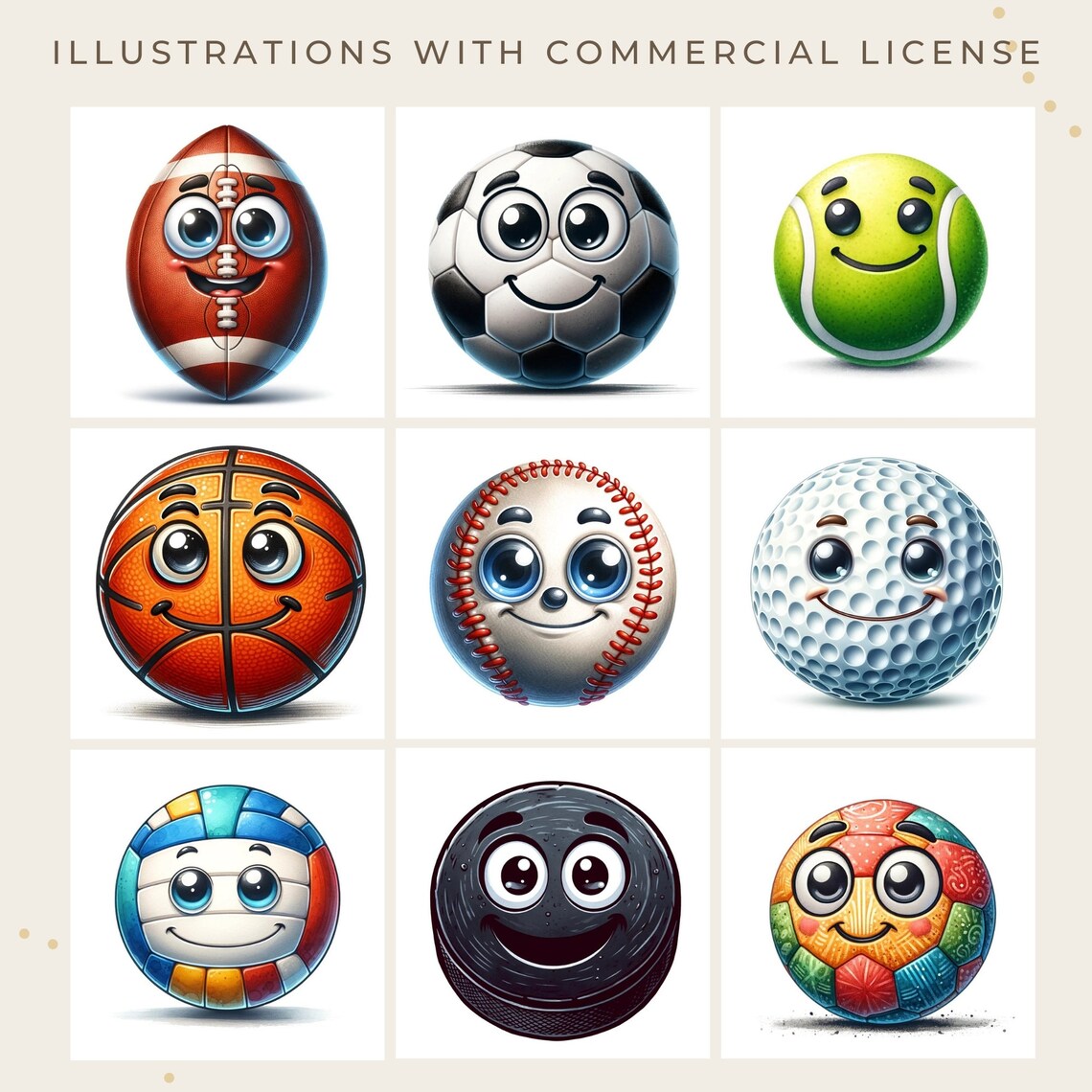 Funny Sports Balls Clipart Set, Digital Art Prints for DIY Projects ...
