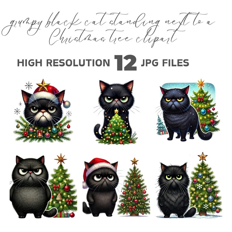 Grumpy Black Cat Christmas Clipart, Funny Design, Digital Download ...