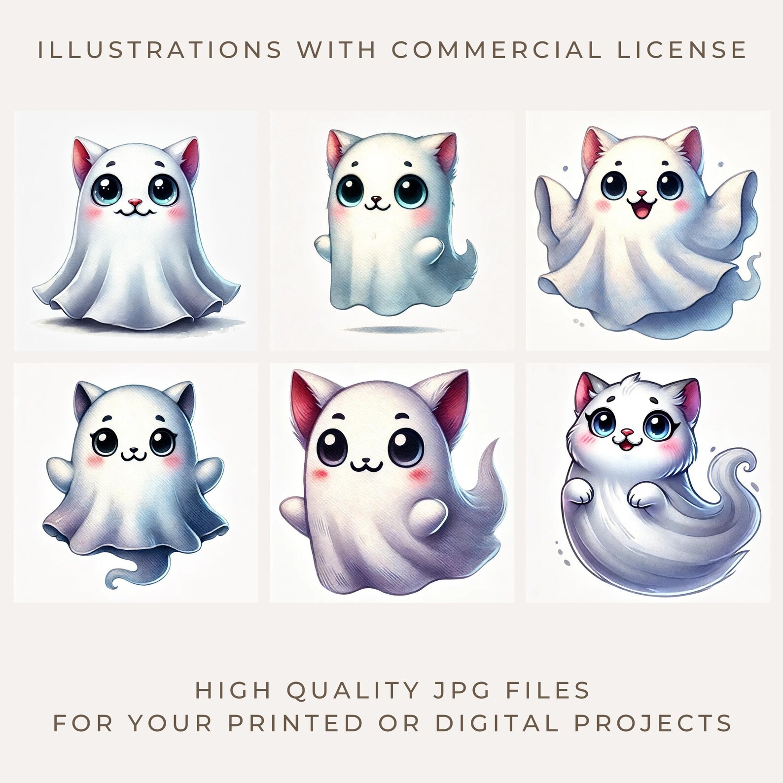 Kawaii Ghost Clipart Set Digital Crafting, Watercolor Images, Junk ...