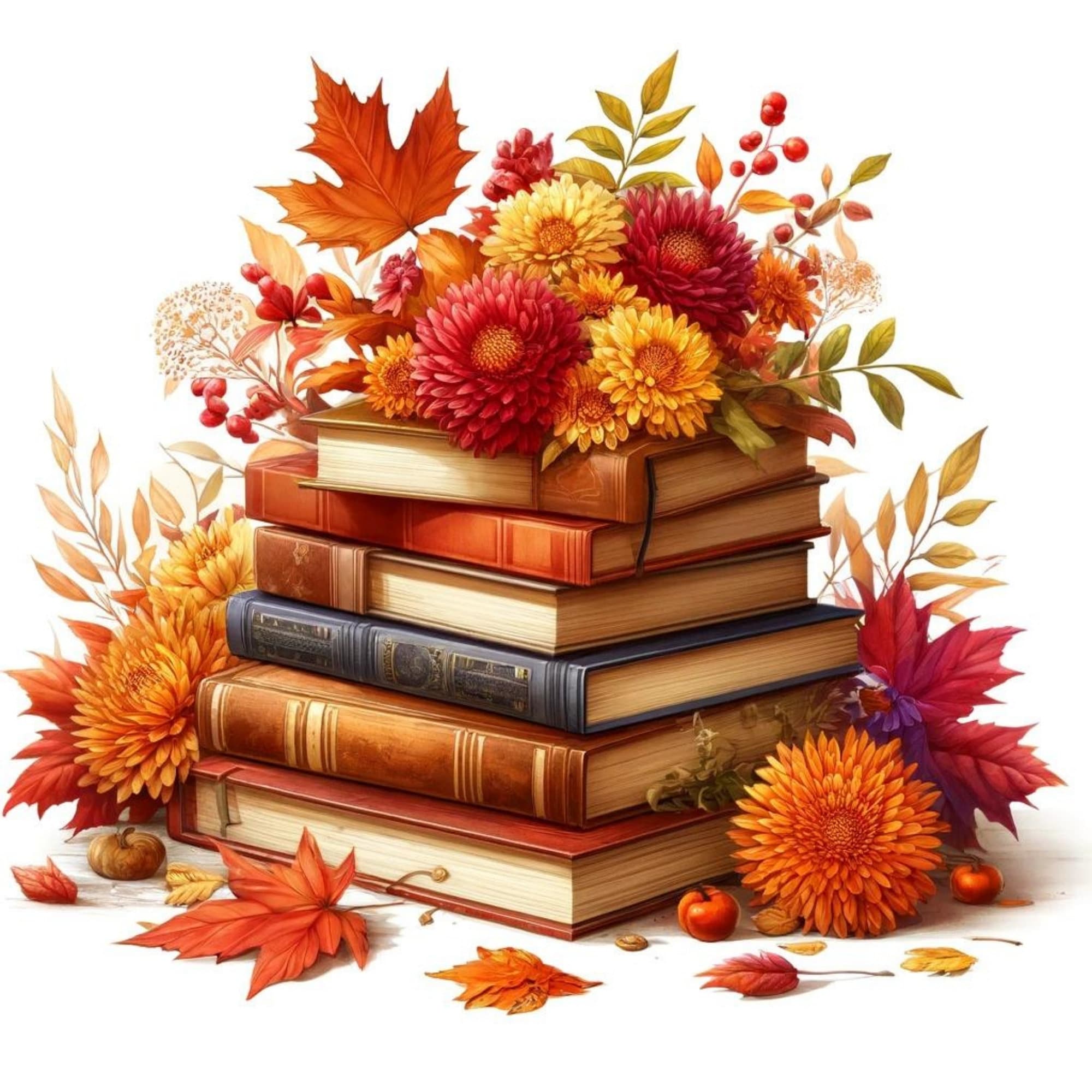 Books With Autumn Leaves and Flowers, Cozy Library Clipart Bundle ...