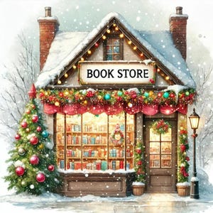 Christmas Book Store Clipart, Watercolor Christmas Storefront for ...