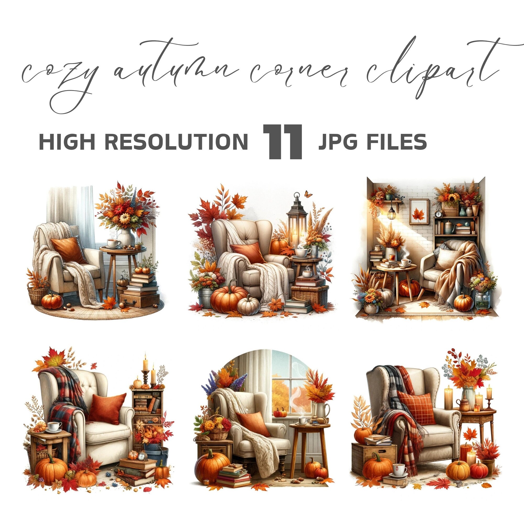 Autumn Cozy Corner Clipart Digital Art Print Watercolor Clipart Bundle ...
