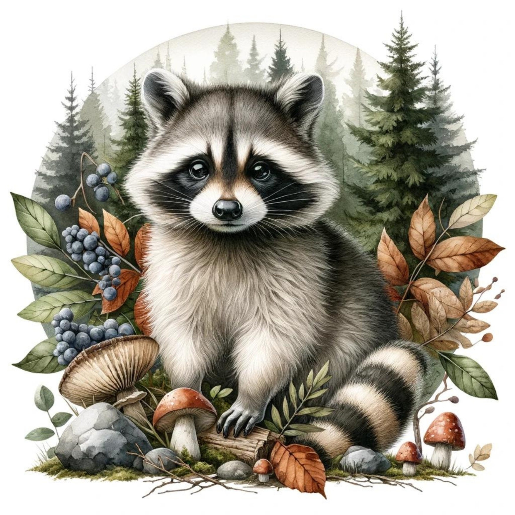 Raccoon in a Forest, Watercolor Animals, Instant Download, Woodland ...