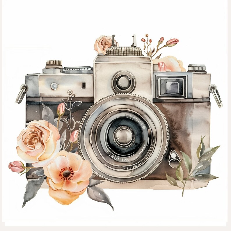 12 Retro Camera Clipart, Watercolor Flowers Digital Printable for ...