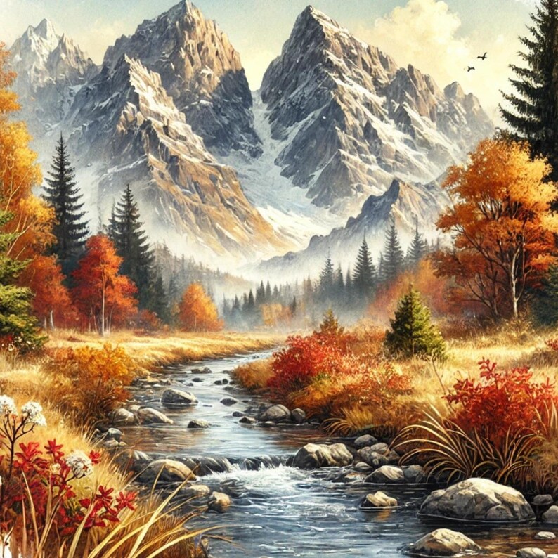 Autumn Mountain Scene Clipart, Watercolor Fall Landscape for Digital ...