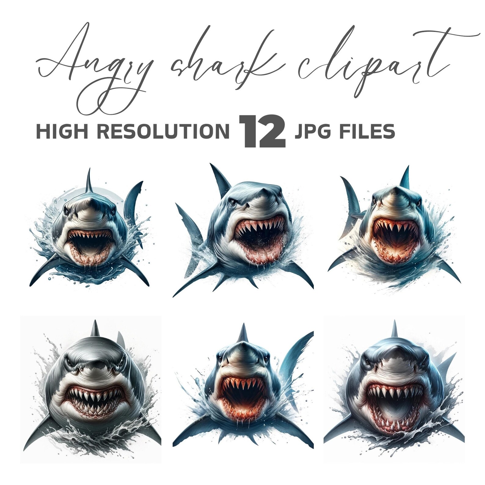 Angry Shark Digital Clipart, Ocean Designs for DIY Projects and Digital ...