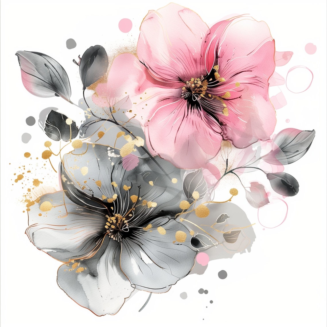 8 Pink and Black Watercolor Floral Clipart, Abstract Flowers, Digital ...