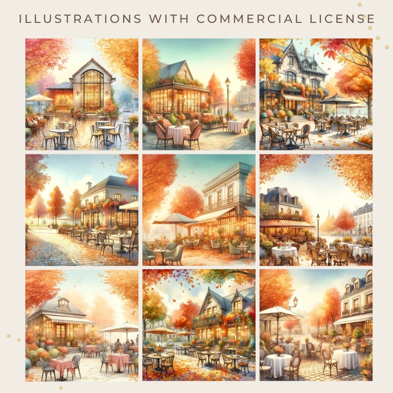 Autumn Cafe Watercolor Landscape Clipart Set, Digital Download for ...