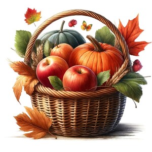 Autumn Basket With Apples, Pumpkins, and Leaves, Digital Watercolor ...