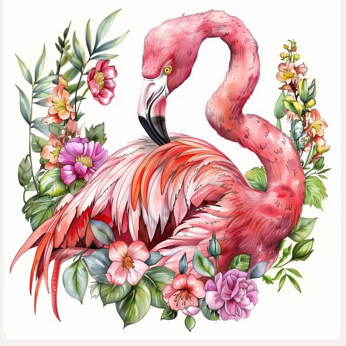 Tropical Birds Clipart Bundle, Flamingo Watercolor & Exotic Flowers ...