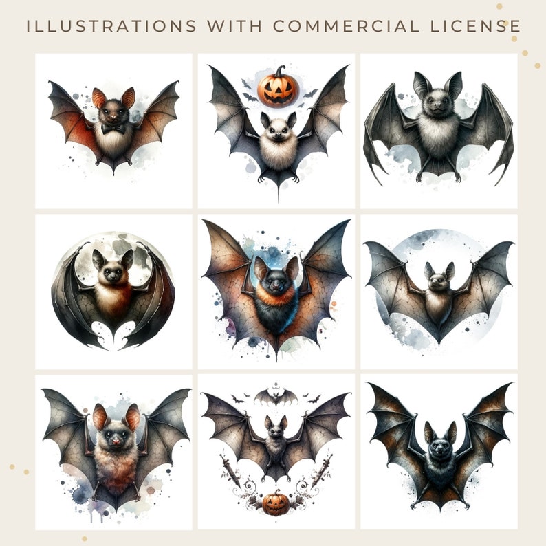 Vintage Watercolor Halloween Bat Clipart Bundle, Digital Crafting ...