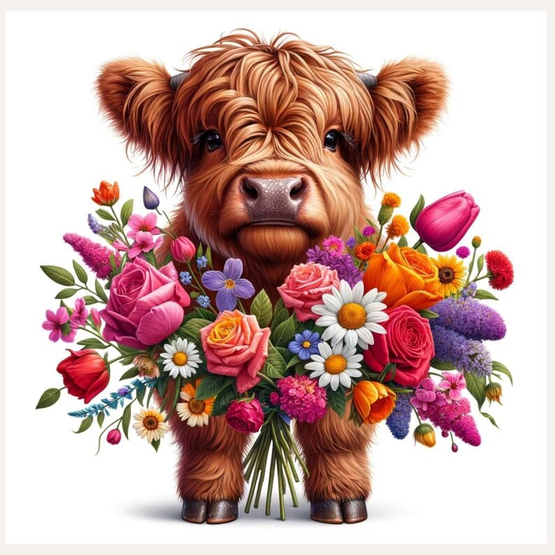 11 Highland Cow With Flowers, Farm Images Instant Download for Junk ...