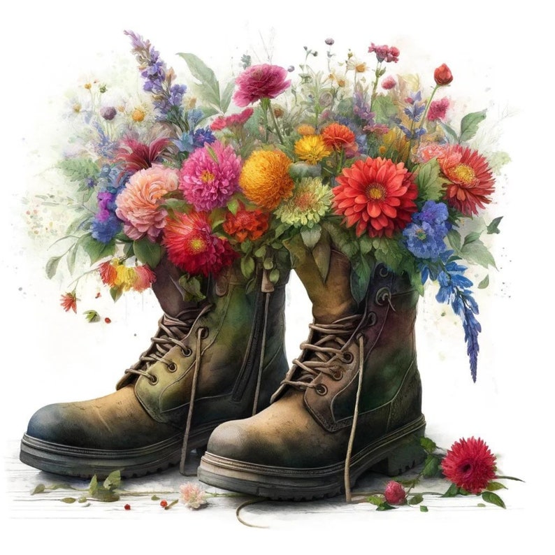 10 Watercolor Flower Boots Clipart for Commercial Use, Botanical Floral ...