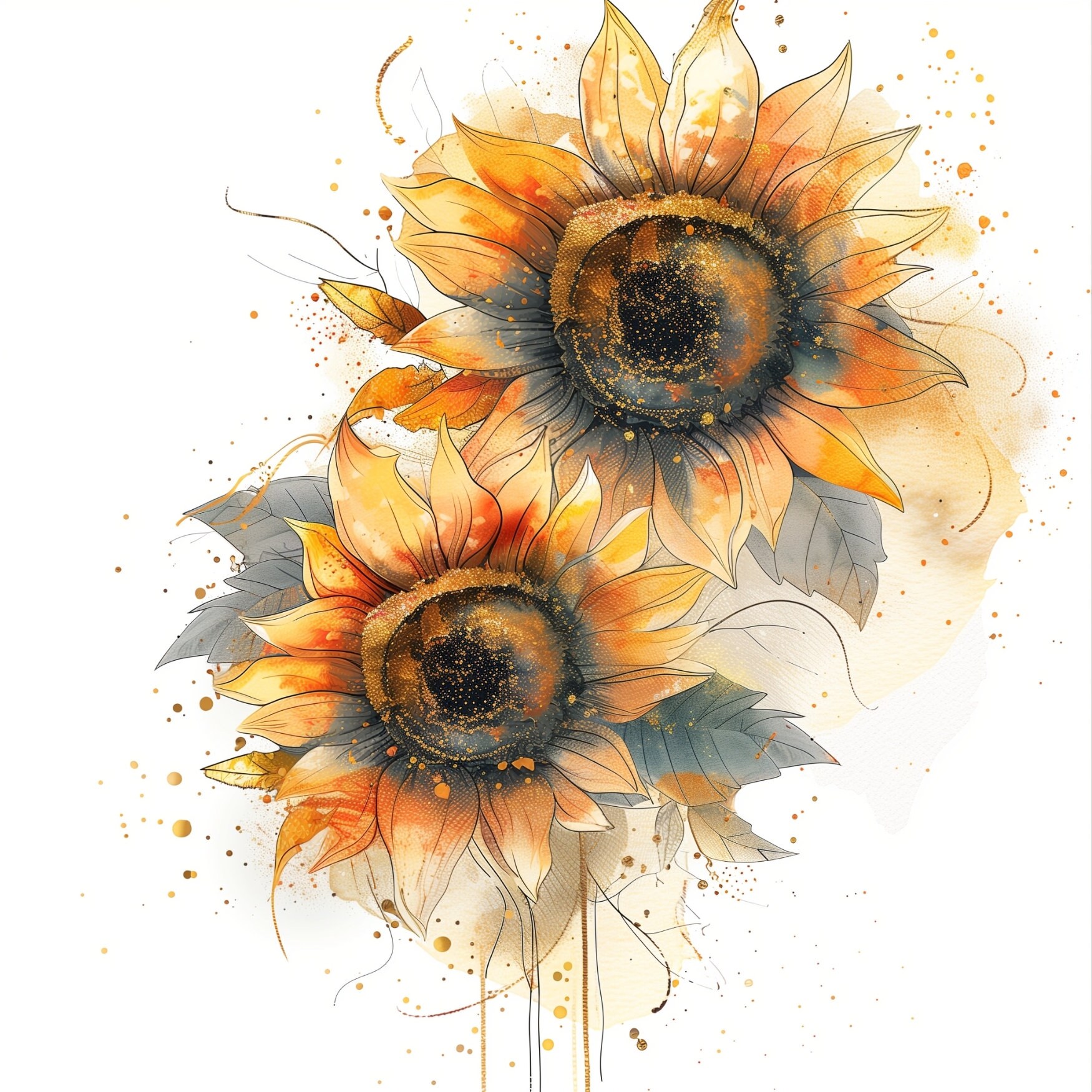 Sunflower Watercolor Clipart Set, Printable Ephemera for Shabby Chic ...