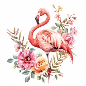 Tropical Birds Clipart Bundle, Flamingo Watercolor & Exotic Flowers ...