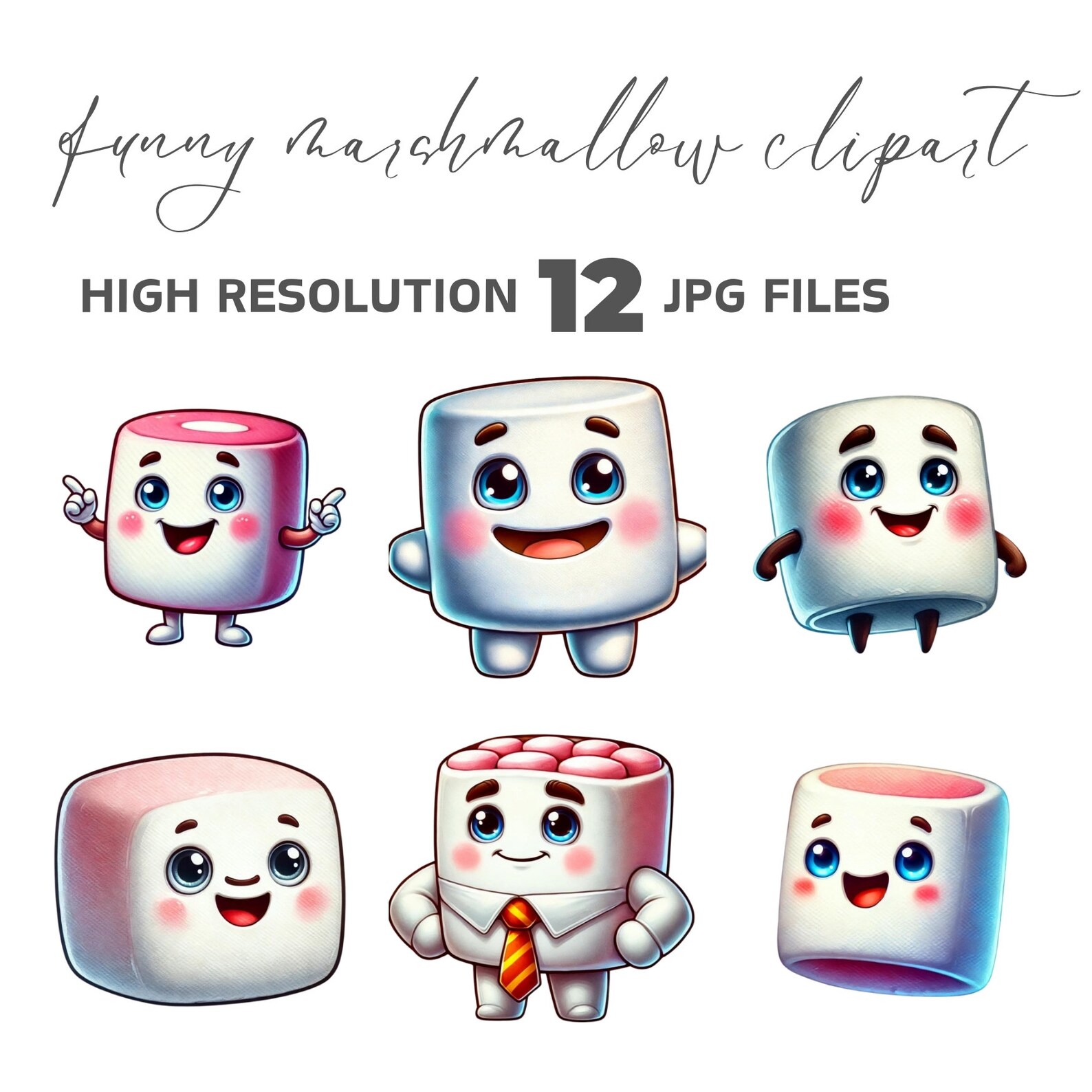 Funny Marshmallow, Kawaii Food Clipart Bundle for Junk Journals ...