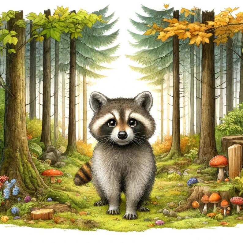 Raccoon in a Forest, Watercolor Animals, Instant Download, Woodland ...
