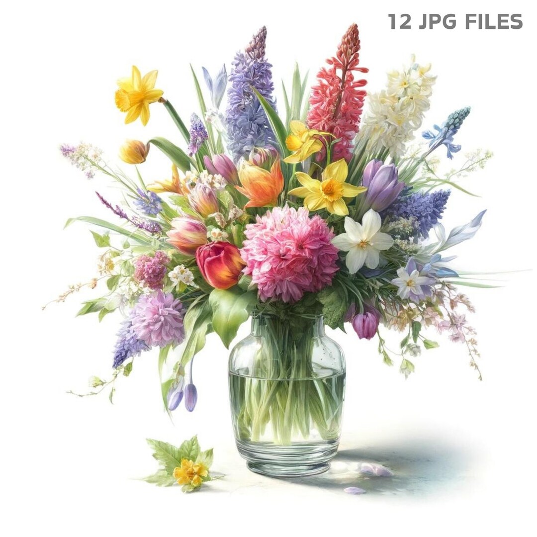 12 Spring Bouquet Watercolor Clipart, Digital Crafting for Scrapbooking ...