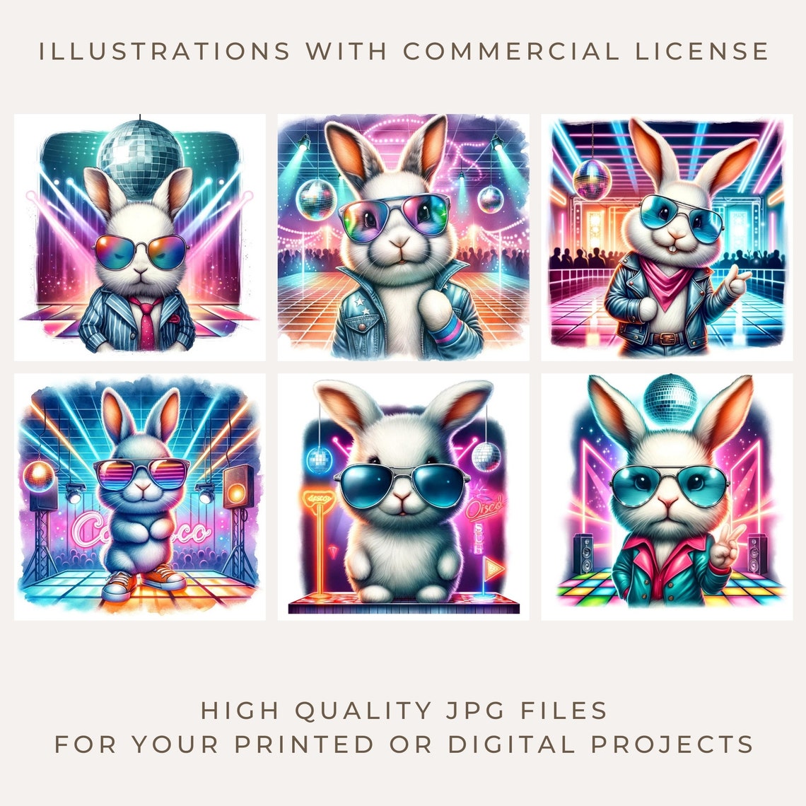 Neon Disco Bunny Watercolor Clipart Set, Digital Download for ...