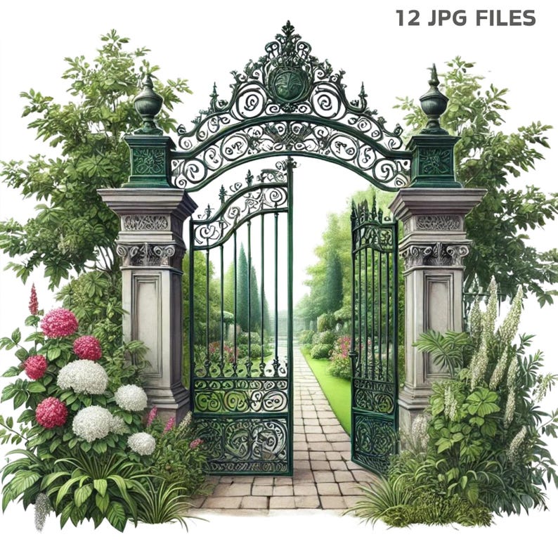 Vintage Garden Gates Clipart Set, Watercolor Landscape, Flower Arch ...